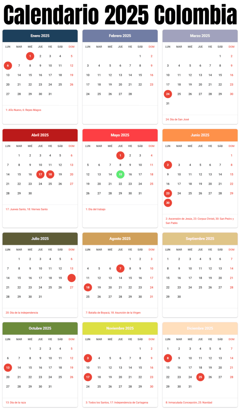 Calendario 2025 Con Festivos Colombia