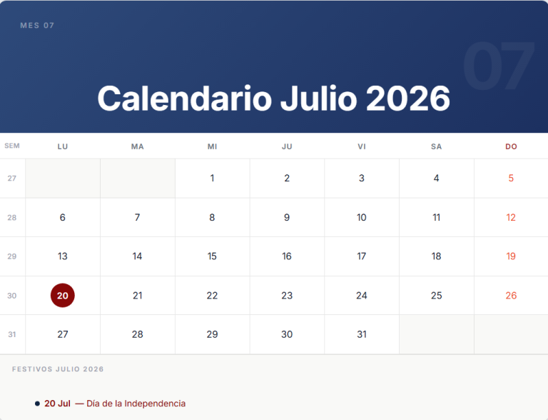 Calendario Julio 2026 - Festivos Y Fechas Importantes